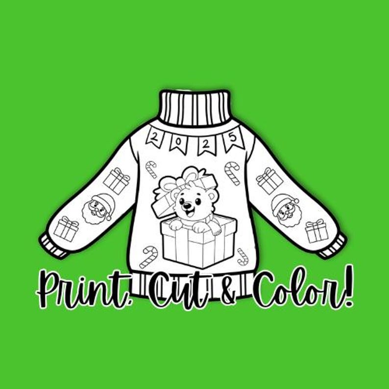 2025 Christmas Ugly Sweater Coloring Pages| Holiday Ornaments | 10 ...