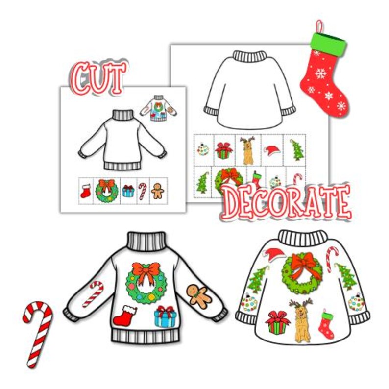 Ugly Christmas Sweater Activity, Kids Sweater Templates & Decorations ...
