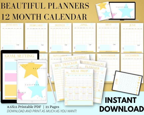 Beautiful Planner and 12 Month Calendar Organized Printable - Etsy