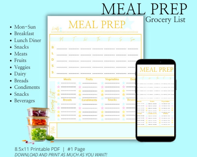 Meal Prep Planner, Food Planner, 7 Day Menu Printable, Meal Planner Printable, Grocery List ...