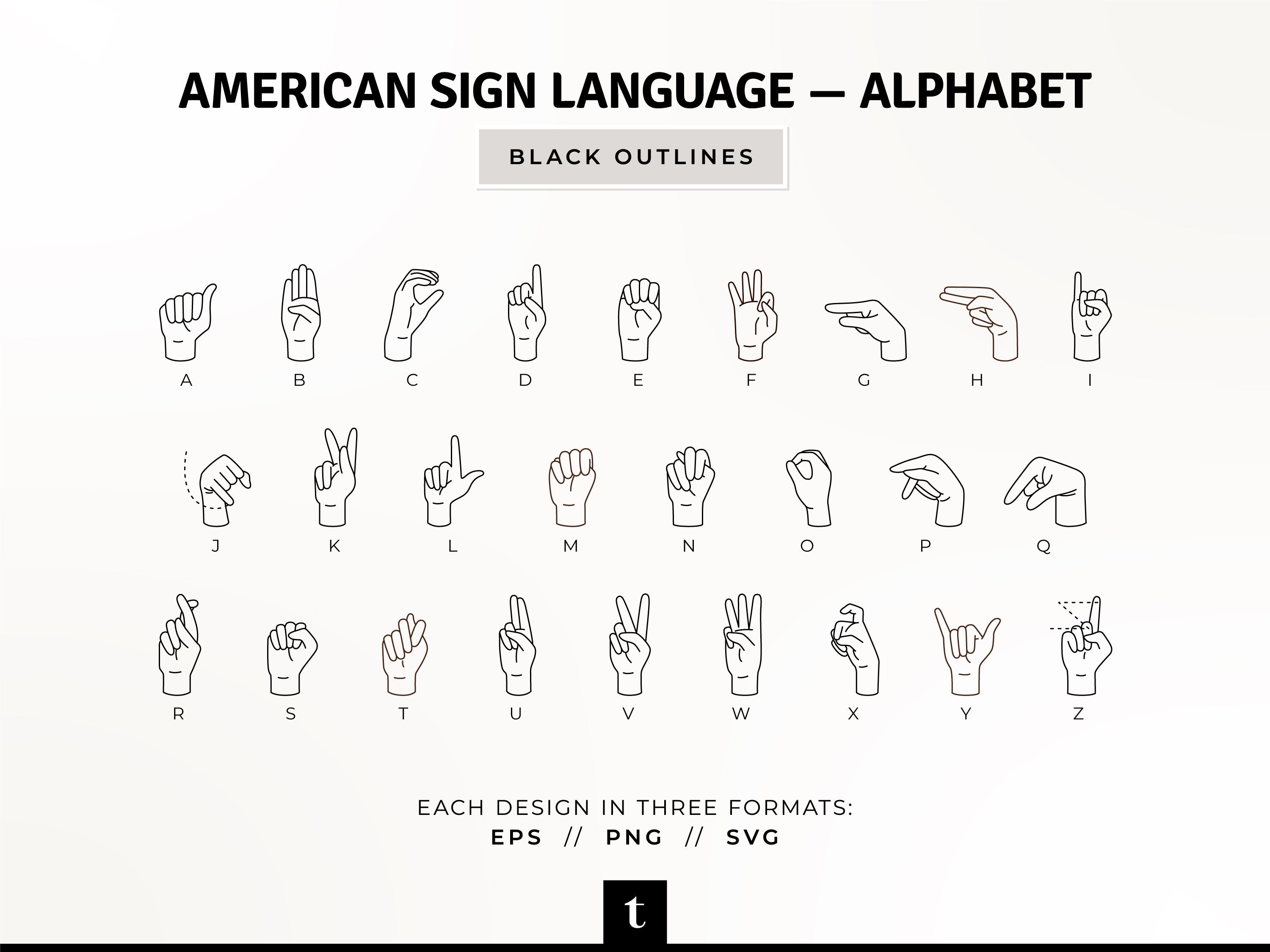 American Sign Language (black + White Outlines), ASL Alphabet + Numbers ...