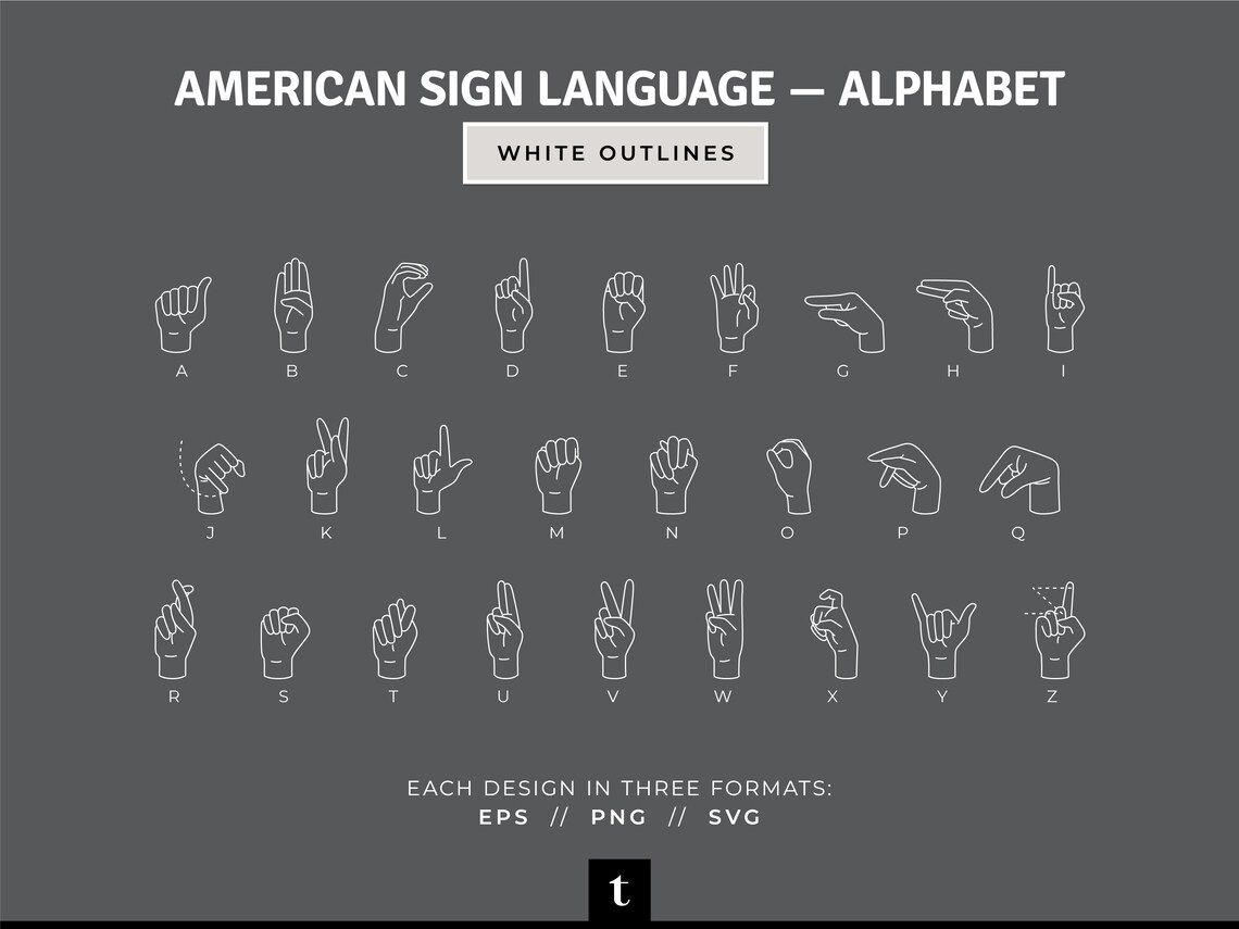 American Sign Language (black + White Outlines), ASL Alphabet + Numbers ...