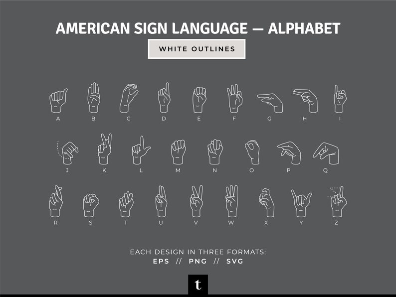 American Sign Language (black + White Outlines), ASL Alphabet + Numbers ...