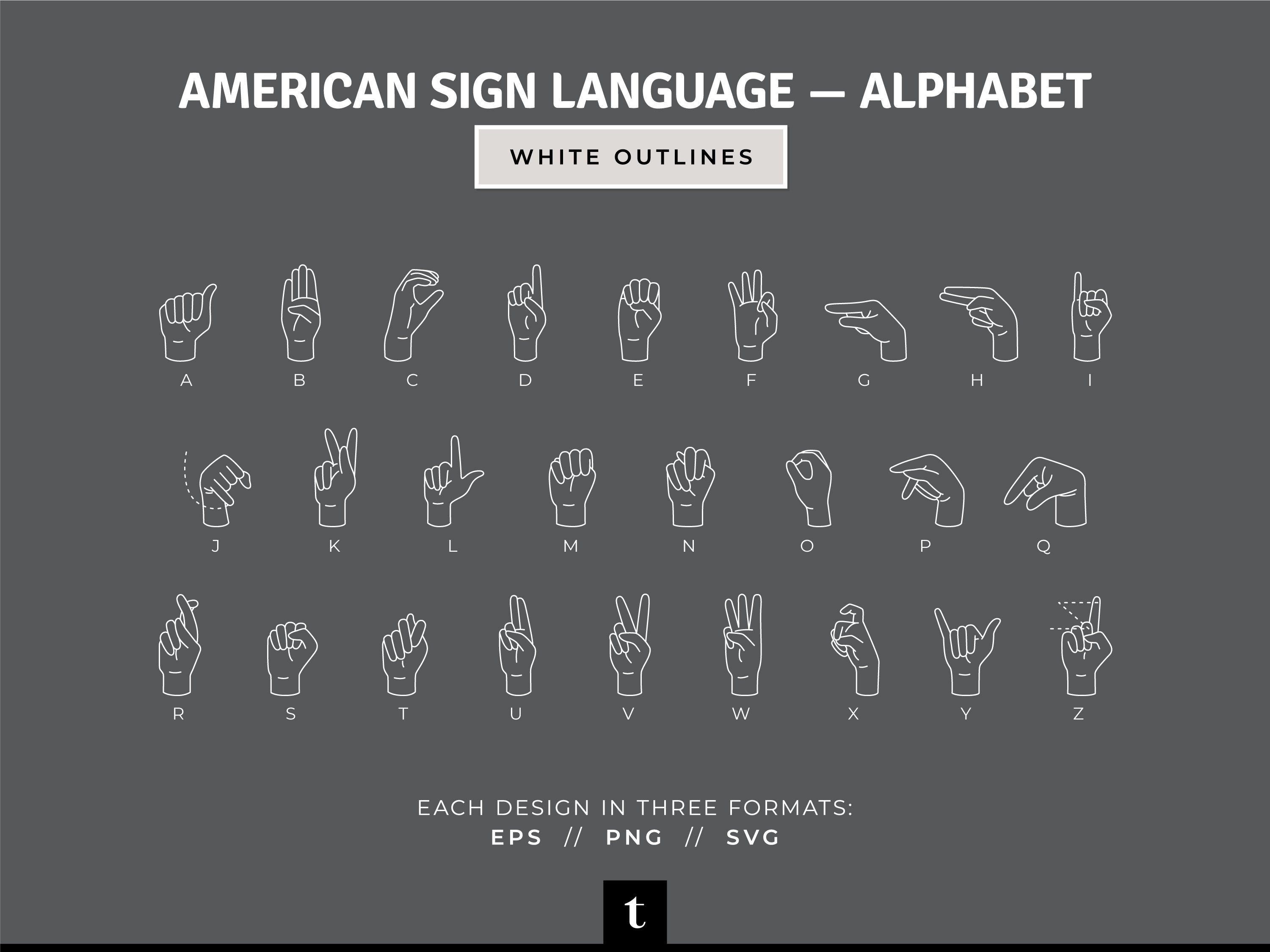 American Sign Language (black + White Outlines), ASL Alphabet + Numbers ...