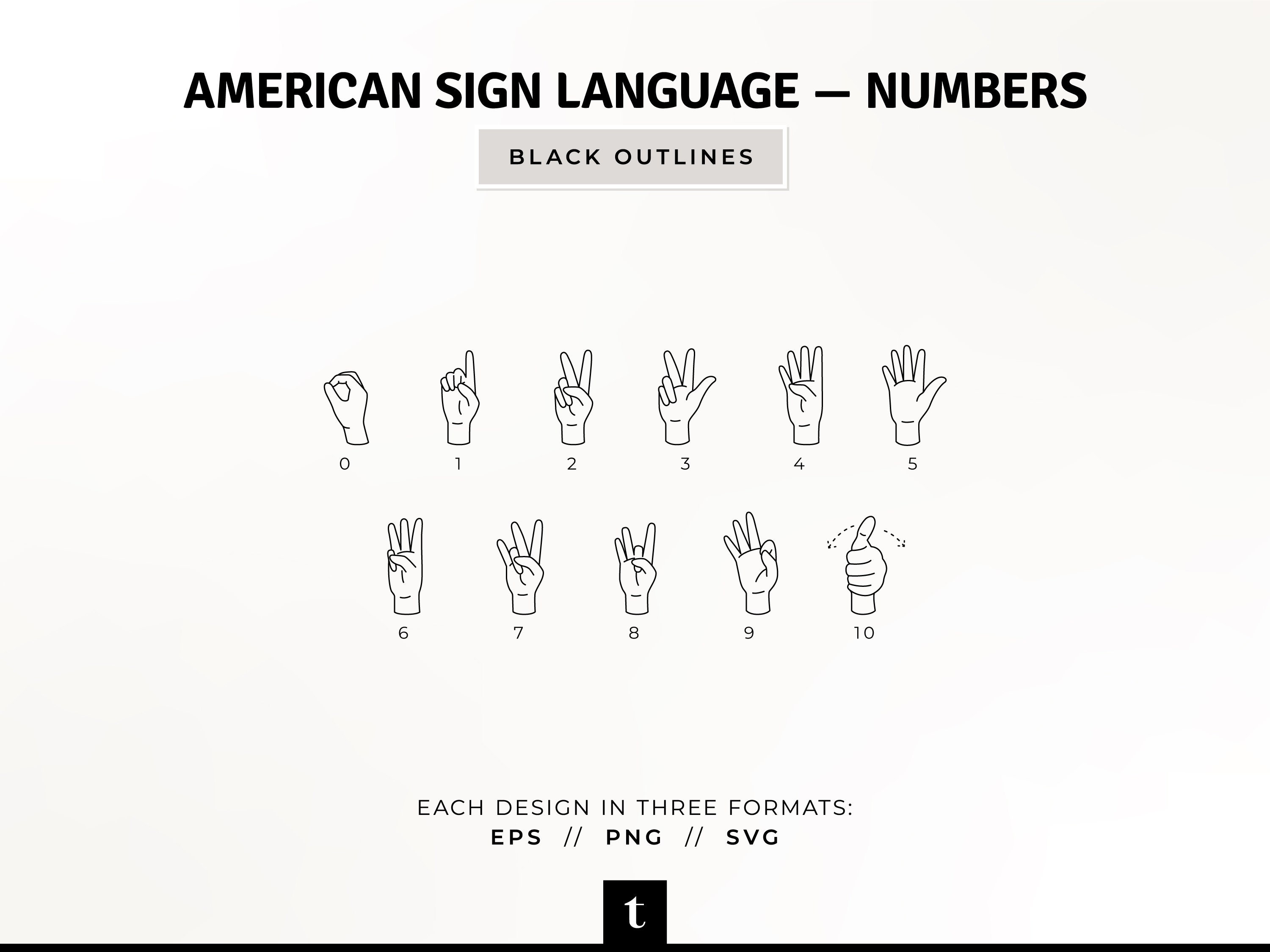 American Sign Language (black + White Outlines), ASL Alphabet + Numbers ...