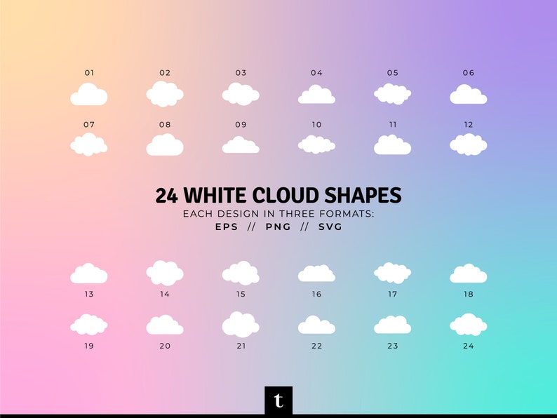 24 White Cloud Shapes, Cloud Shape SVG, Cloud Cut File, Cloud Vector ...