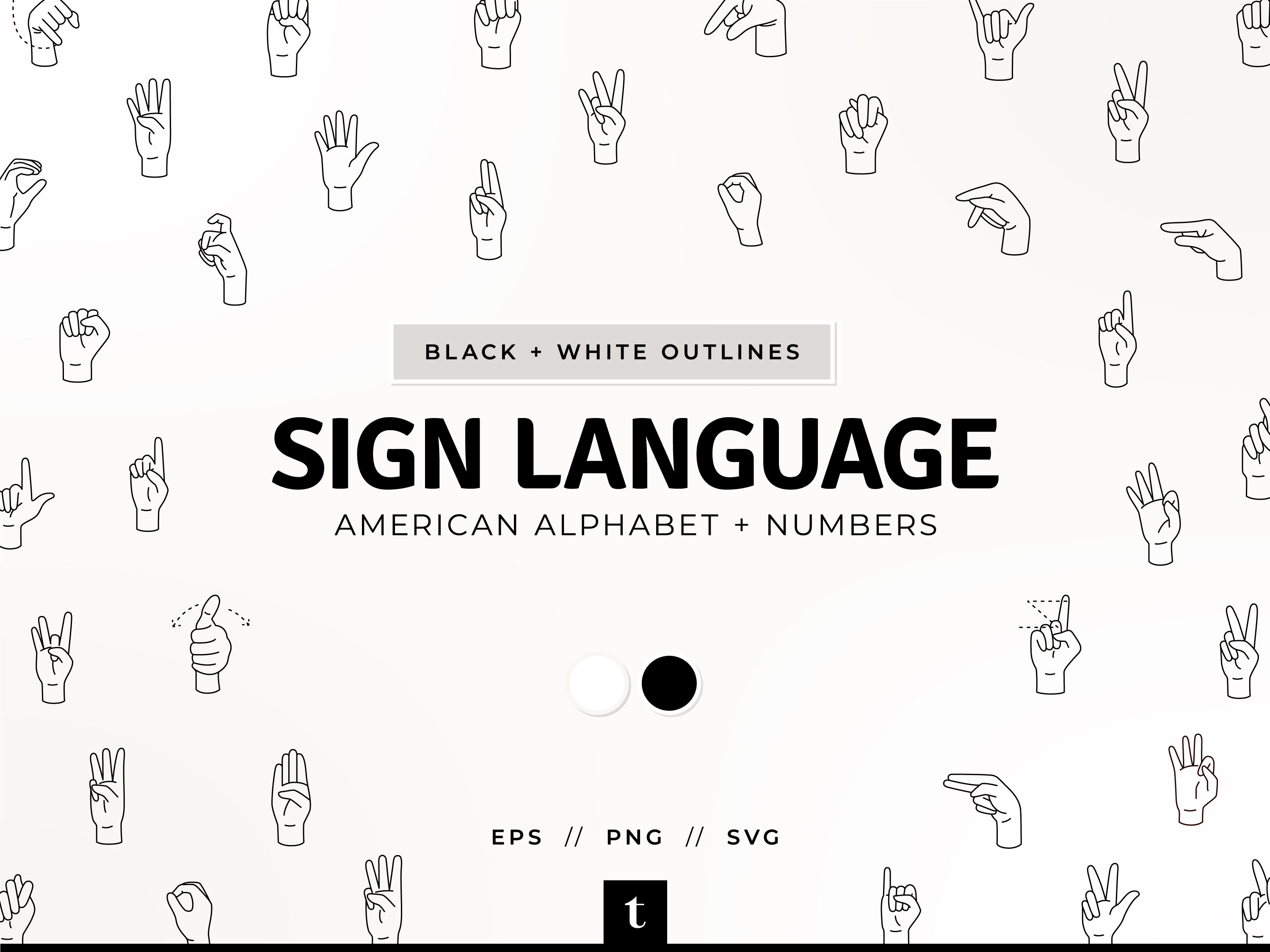 American Sign Language (black + White Outlines), ASL Alphabet + Numbers ...
