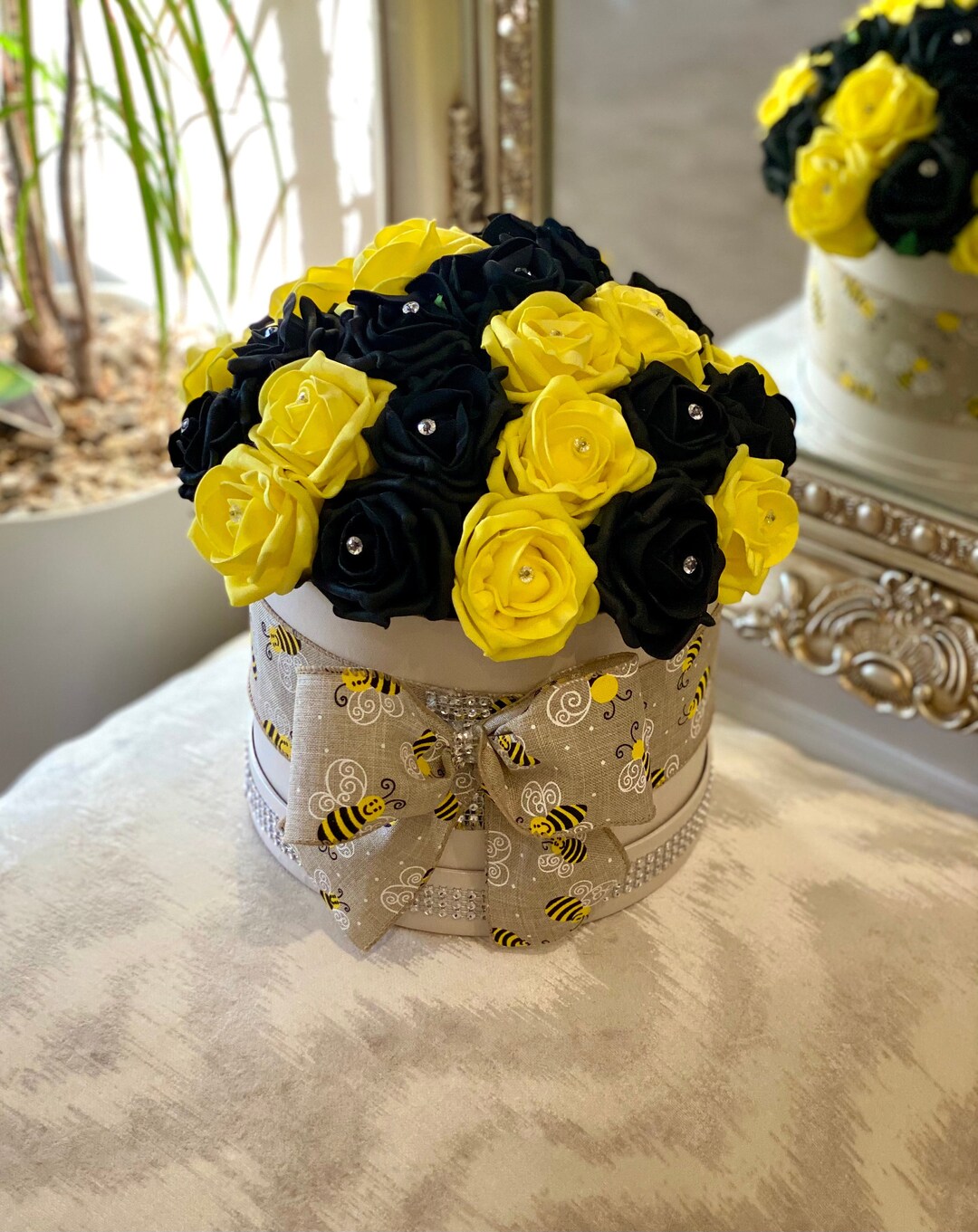 Bee Cream Hat Box With Yellow & Black Roses ~ Gift Wrapped - Etsy UK