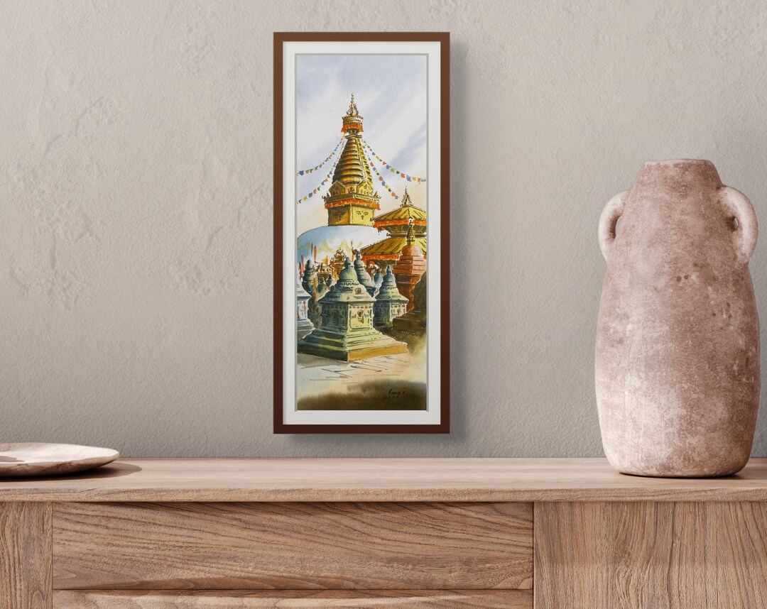 Swayambhu Stupa Watercolor Painting on Canvas, 5x15” Hand-painted Nepal ...