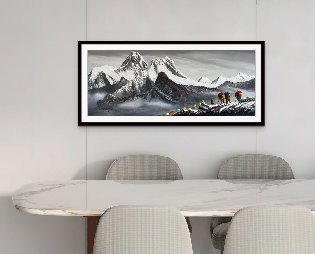 Mount Everest & Himalayas Original Painting, 34x14" Acrylic Art, Nature ...