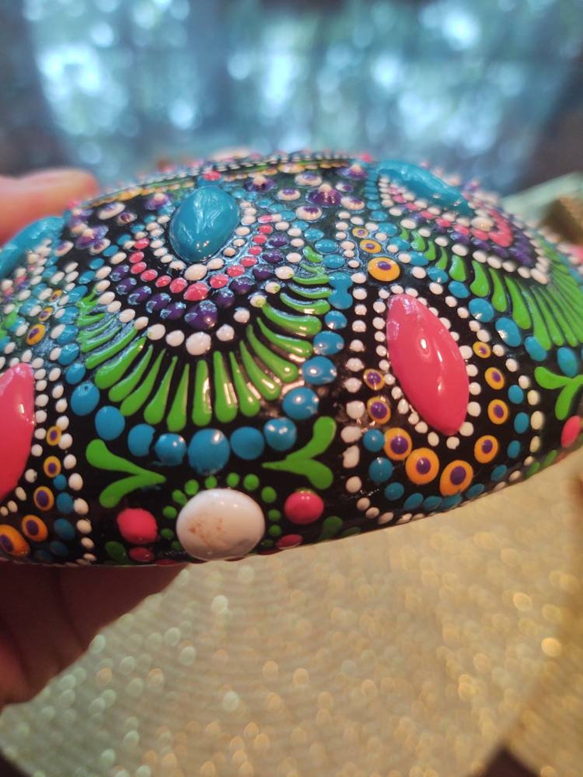 Caribbean Mandala Stone. Brilliant Colors Are Hand Painted on a 5x 3 ...