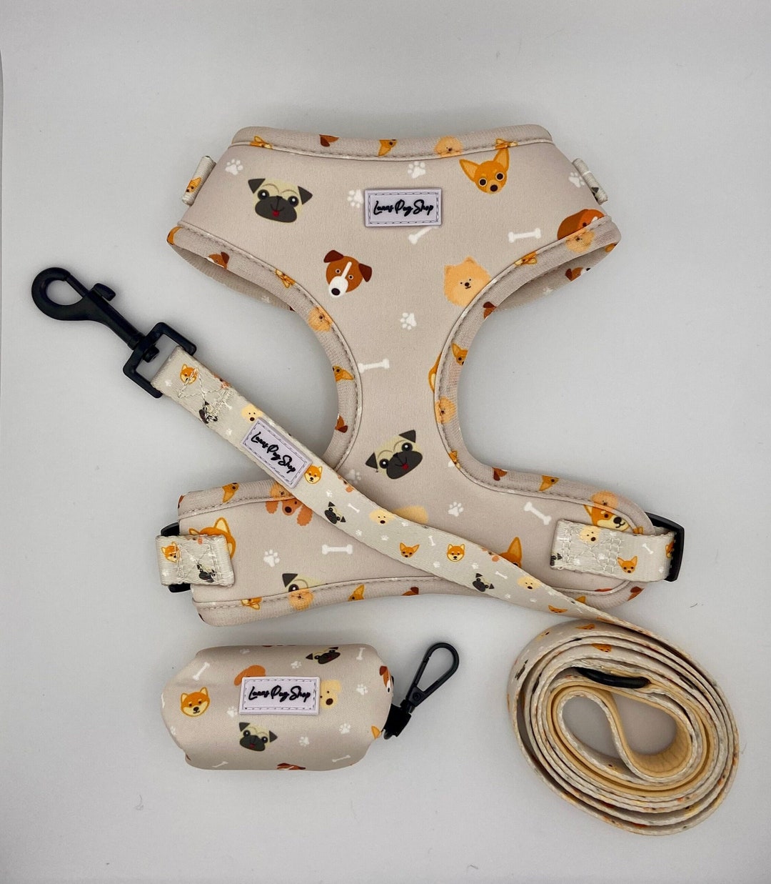 Adjustable Dog Harness, Leash and Poop Bag Holder Set – Pug and Friends ...