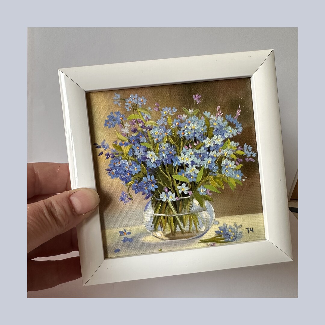 Small Hand Painted Forget-me-not Flowers Oil Painting, Blue Flowers for ...