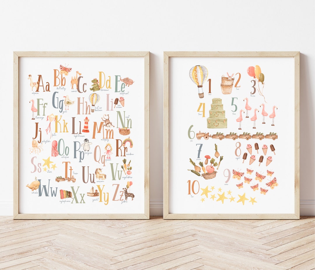 SET OF 2 Boho Alphabet Poster & Numbers Wall Art, Educational Digital ...