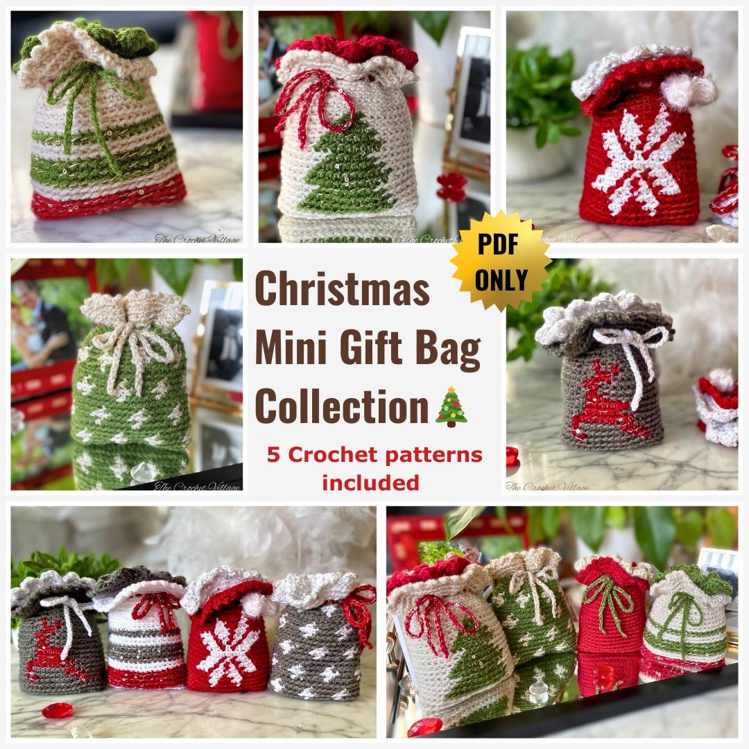 Christmas Drawstring Bags/ Crochet Pattern Bundle 5-in-1/crochet ...