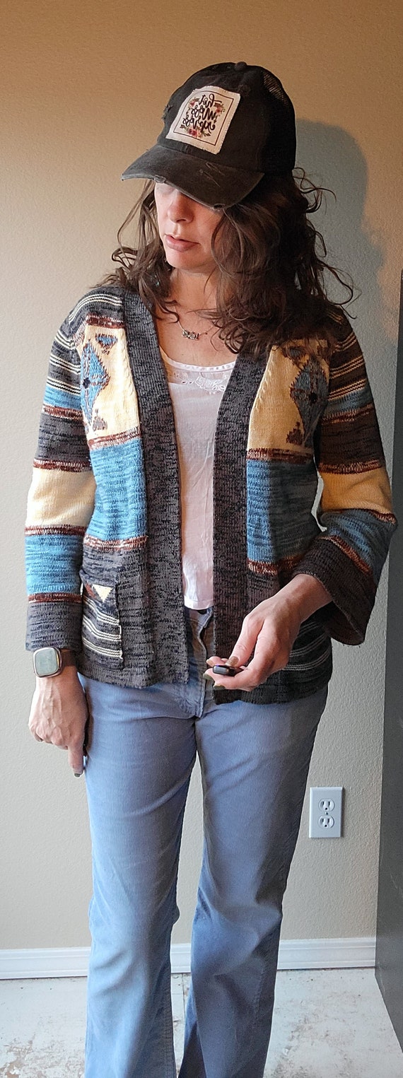 1970s Boho Tribal design Hippie Sweater Brown and Blue - Gem