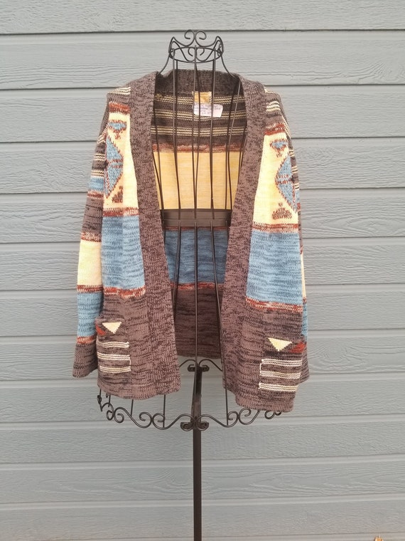 1970s Boho Tribal design Hippie Sweater Brown and Blue - Gem