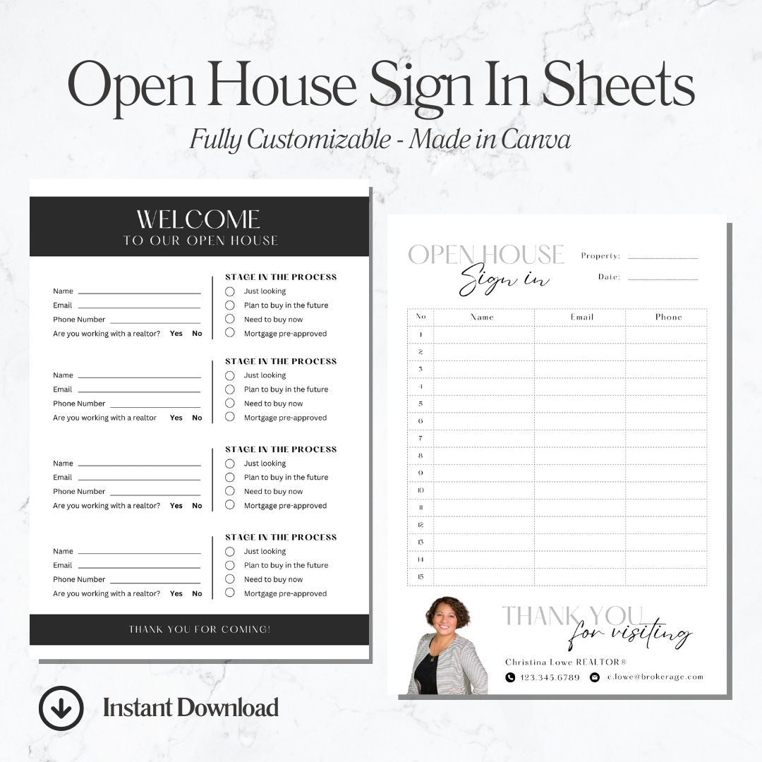 Open House Sign in Sheet, Editable Canva Template, Real Estate, Instant ...