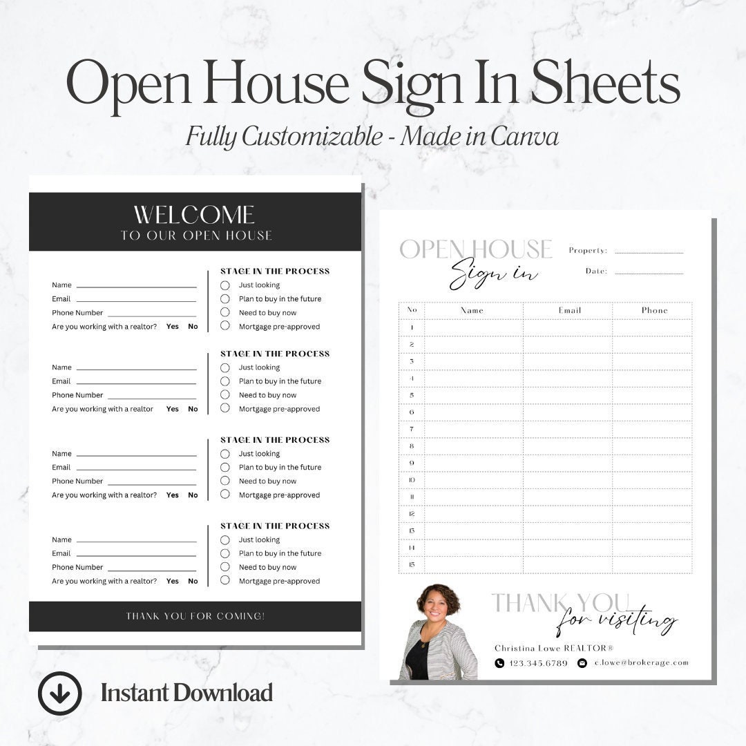 Open House Sign in Sheet, Editable Canva Template, Real Estate, Instant ...