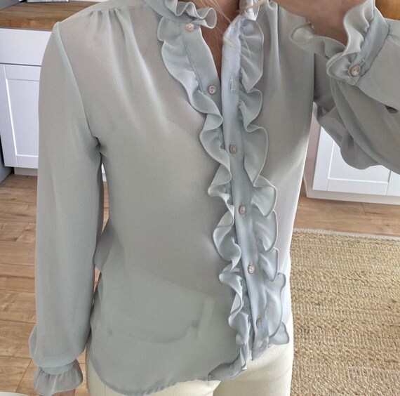 70s grey ruffle semi sheer blouse - Gem