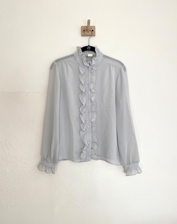 70s grey ruffle semi sheer blouse - Gem