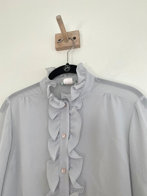 70s grey ruffle semi sheer blouse - Gem