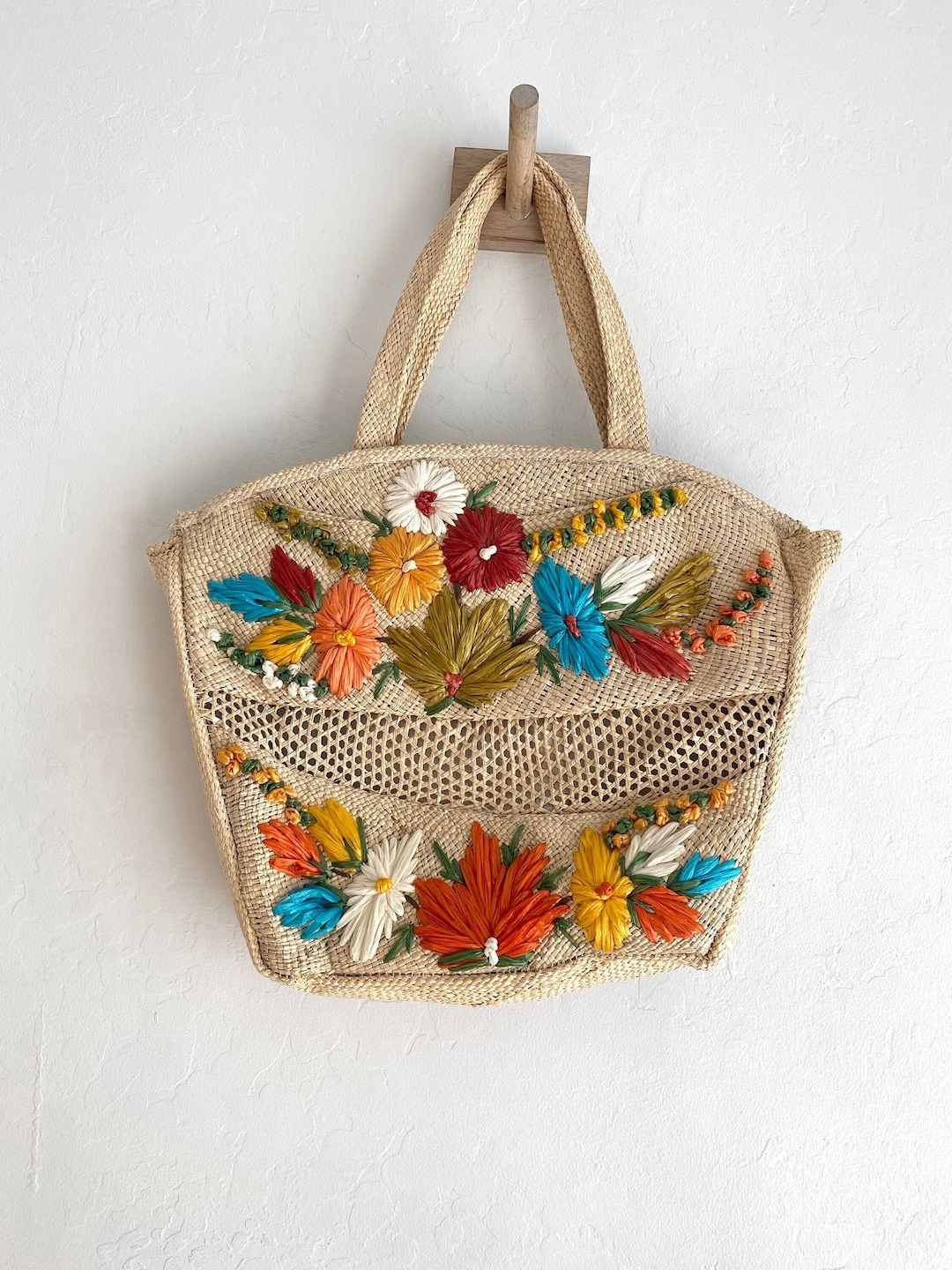 60s Floral Straw Raffia Purse - Etsy