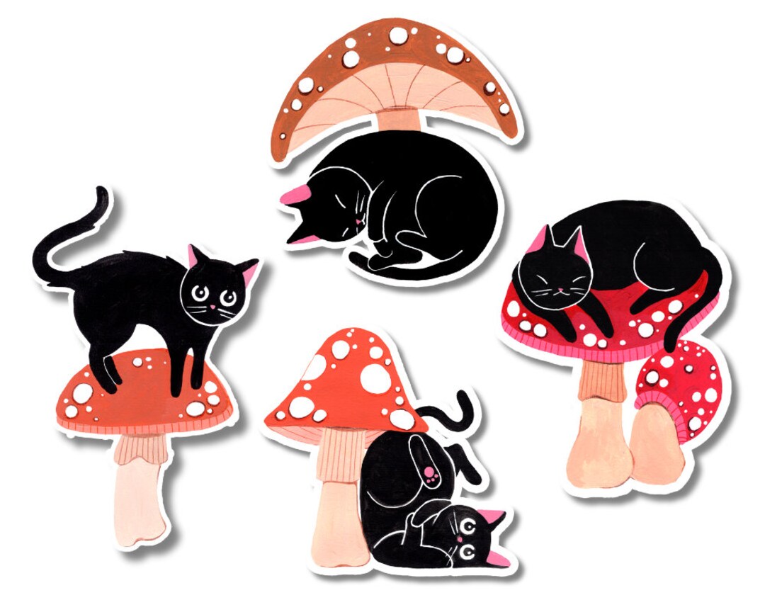 4 Mushroom Cat Stickers, Cute Cottagecore Mushroom Cat Art, Planner ...