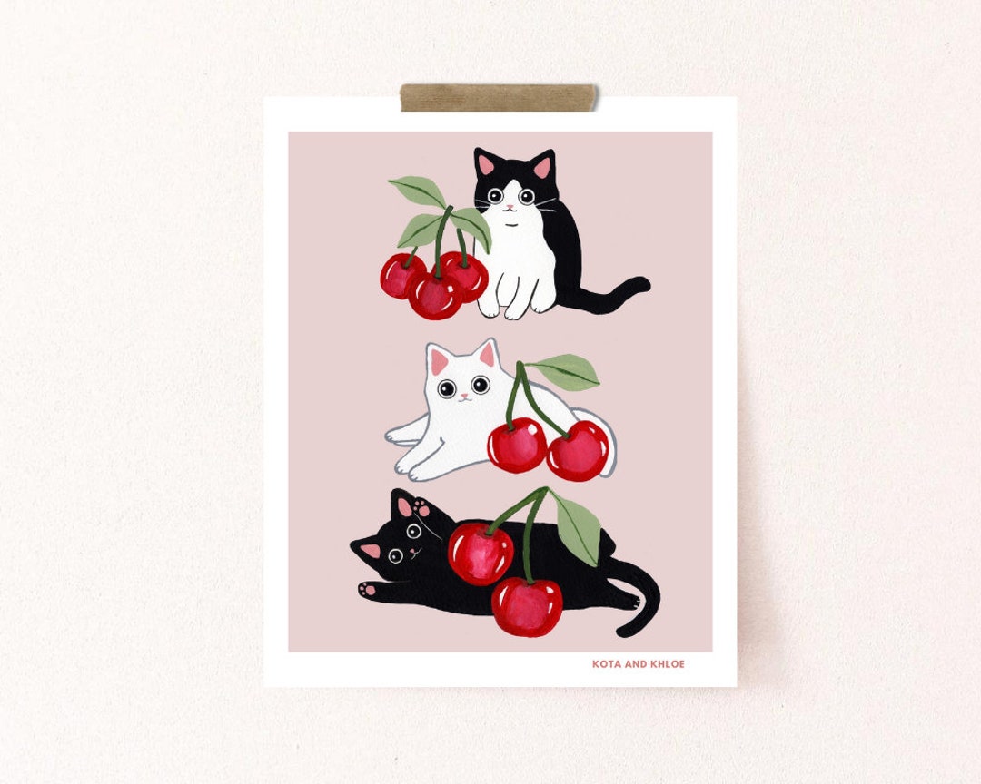 Cherry Cat Painting, Cherries Illustrated Art Print, Wall Art, Cute Cat ...