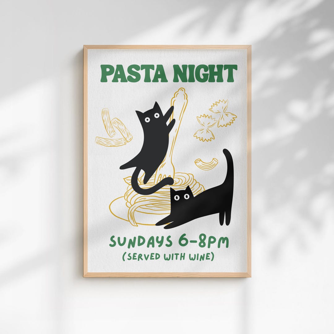 Pasta Art Print, Retro Diner Poster, Bistro Dining Pasta Posters, Black ...