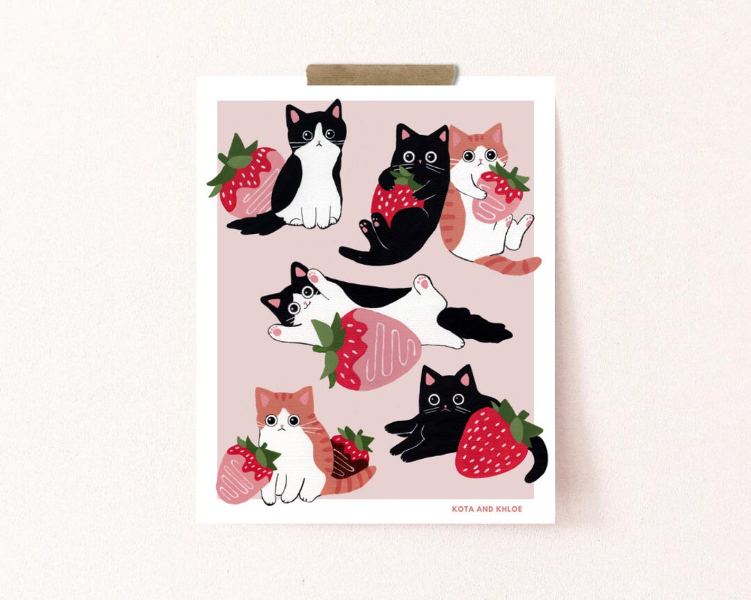 Strawberries Cat Painting, Strawberry Illustrated Art Print, Wall Art ...