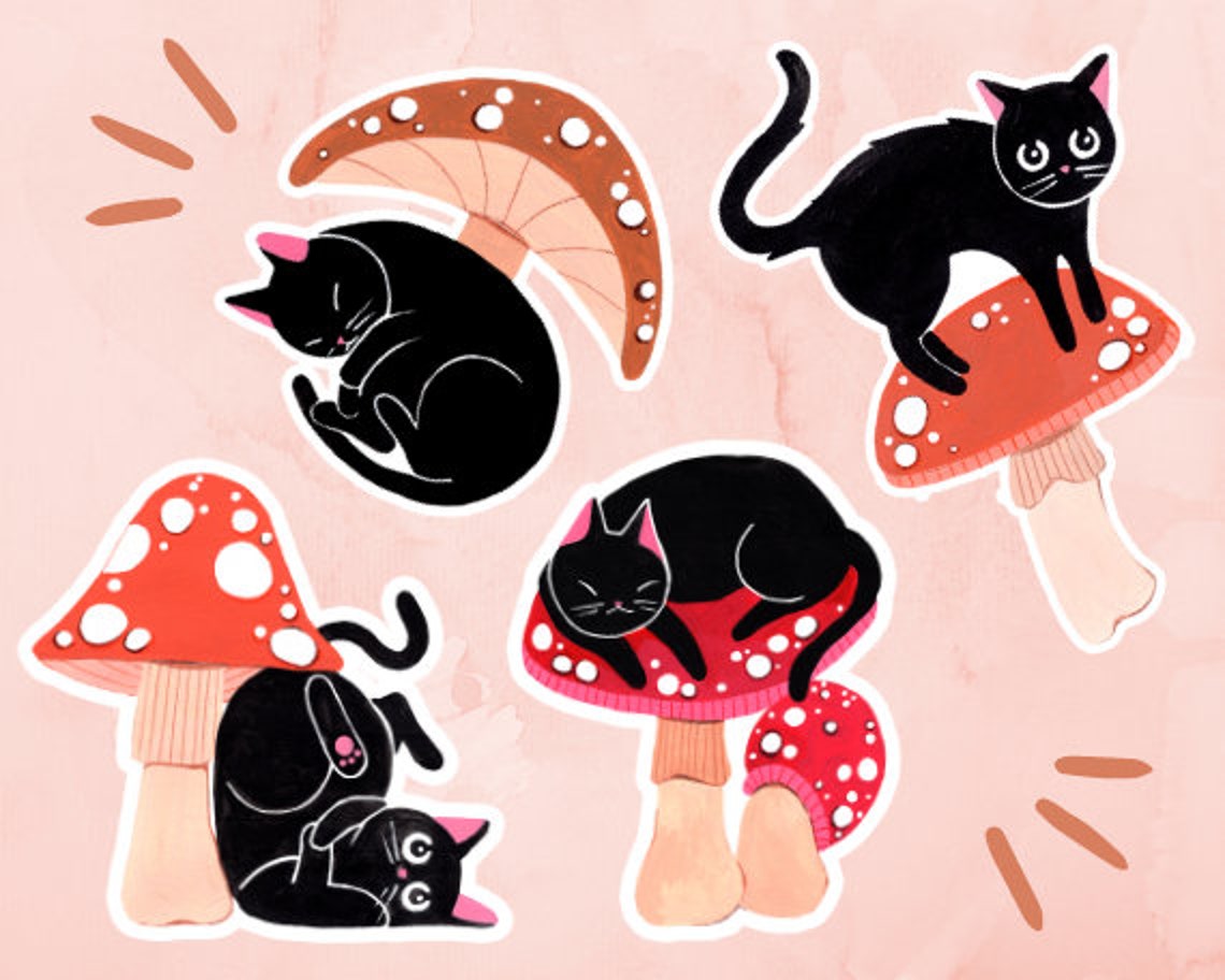 4pc Vinyl Sticker Pack Mushroom Cats Handmade Kota | Etsy