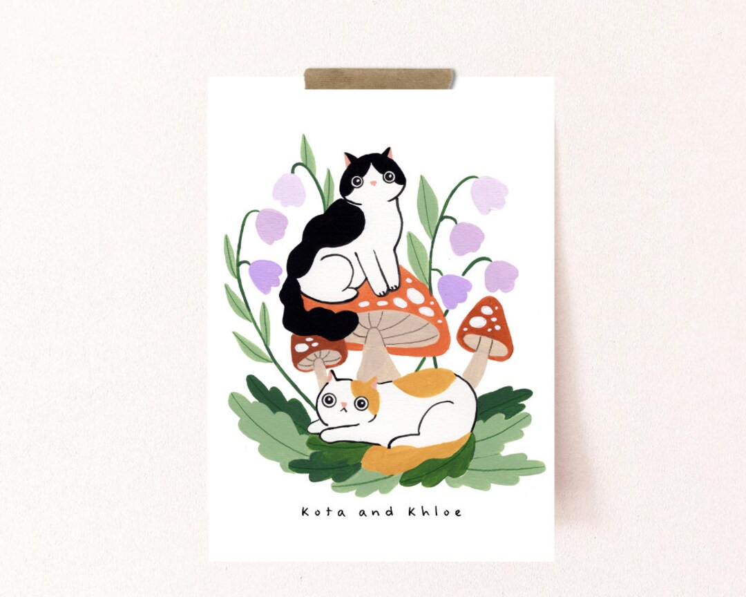 Cats and Mushrooms, Illustrated Cat Art Print, Cat Poster, Cute Cottagecore Wall Art, Gift for ...