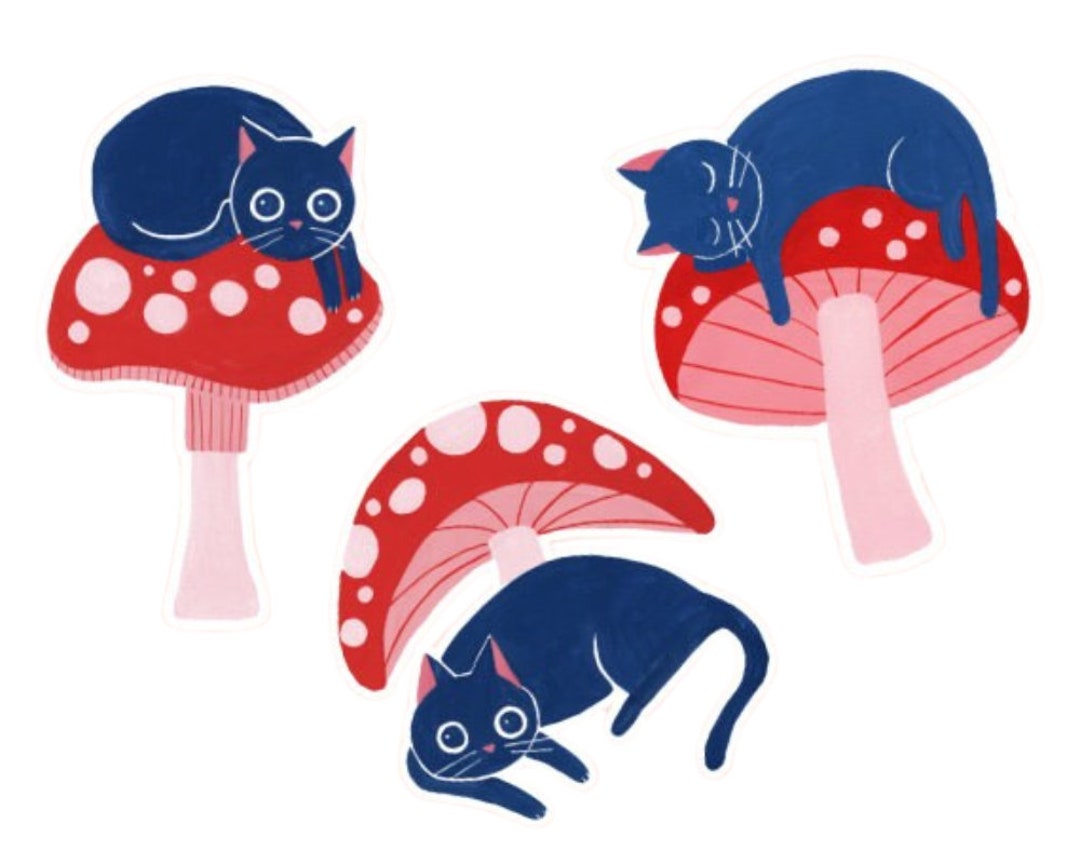3pc Vinyl Sticker Pack Cute Blue Cat Mushrooms Handmade Glossy Kota ...