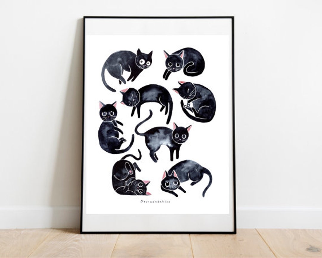 Black Cat Poster, Illustrated Art Print, Cute Cottagecore Wall Art ...