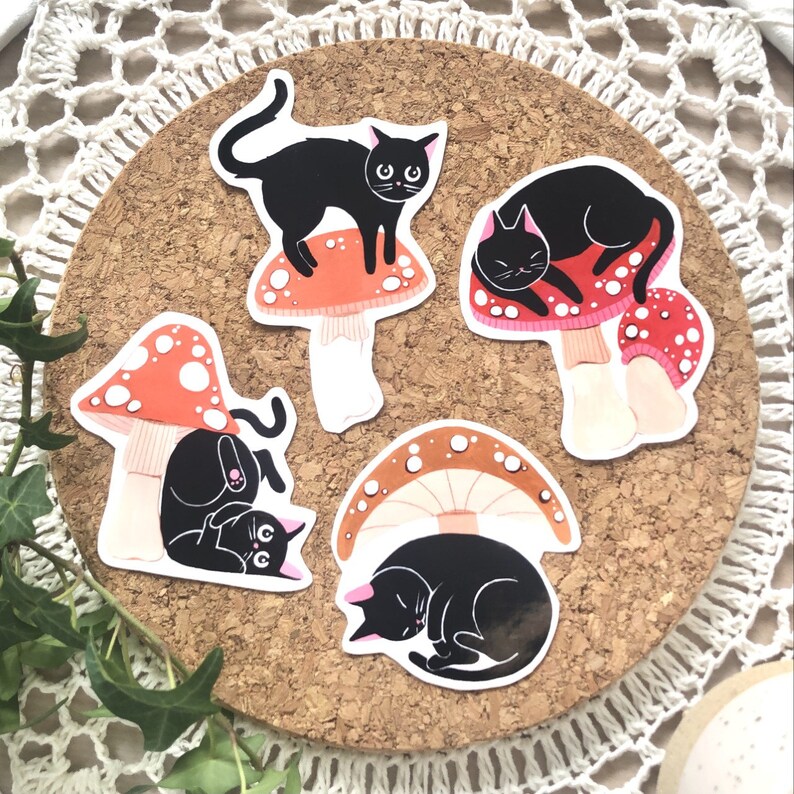 4pc Vinyl Sticker Pack Mushroom Cats Handmade Kota | Etsy
