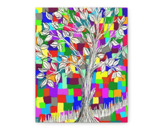 Happy Tree Art Bright White Tree on Colorful Squares - Etsy