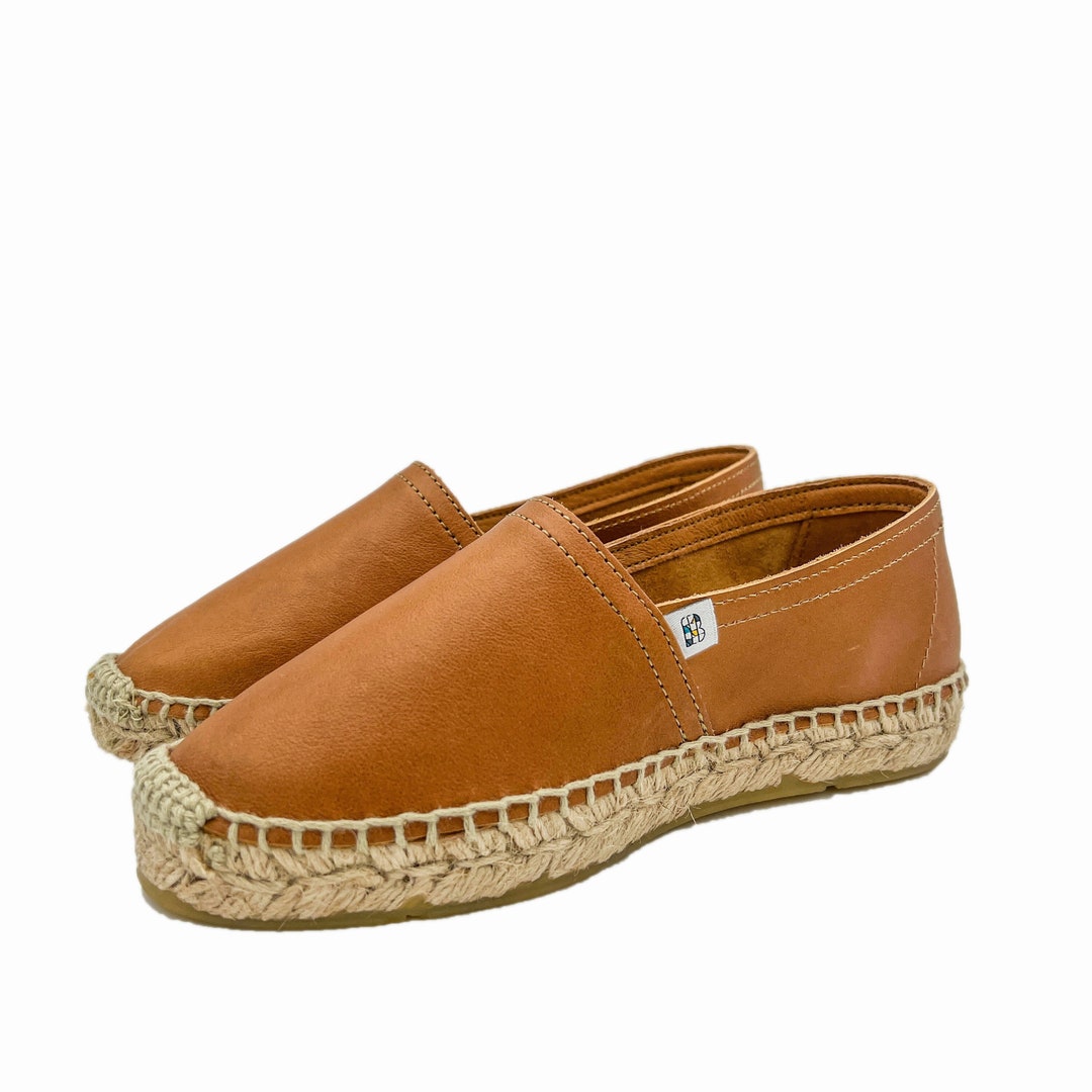 Women's Leather Flat Espadrilles in Cognac Brown, Made in France, Women ...