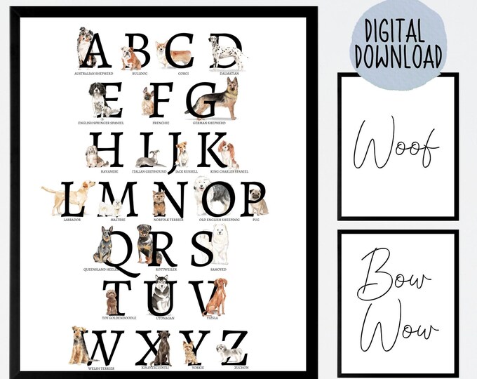 Digital Download ABC Dog Alphabet Print, ABC Dog Breeds Wall Art, Dog ...