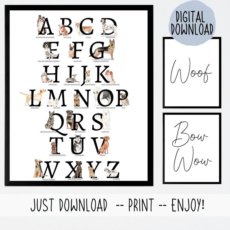 Digital Download ABC Dog Alphabet Print ABC Dog Breeds Wall - Etsy
