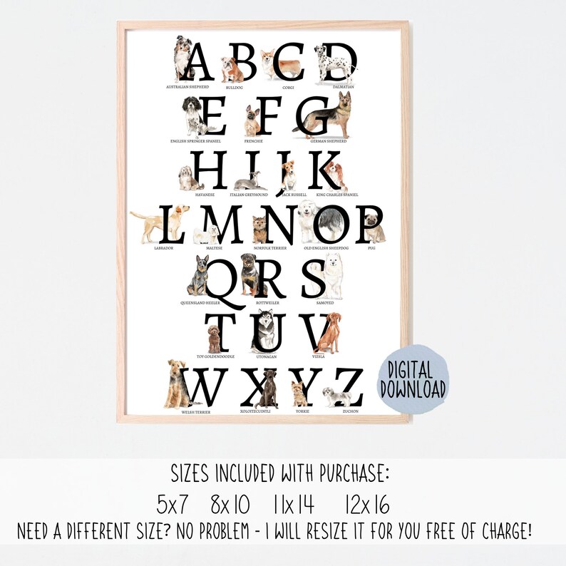 Digital Download ABC Dog Alphabet Print ABC Dog Breeds Wall - Etsy