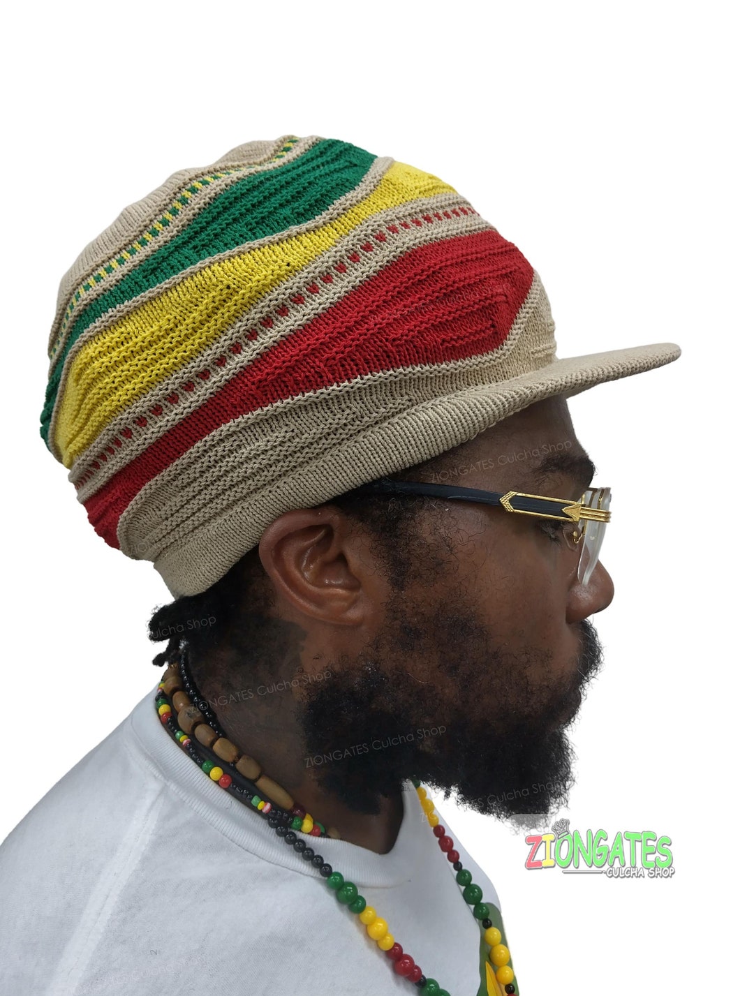 Medium BEIGE Rasta Hat Crown Tam Dread Cap With Red Yellow Green ...