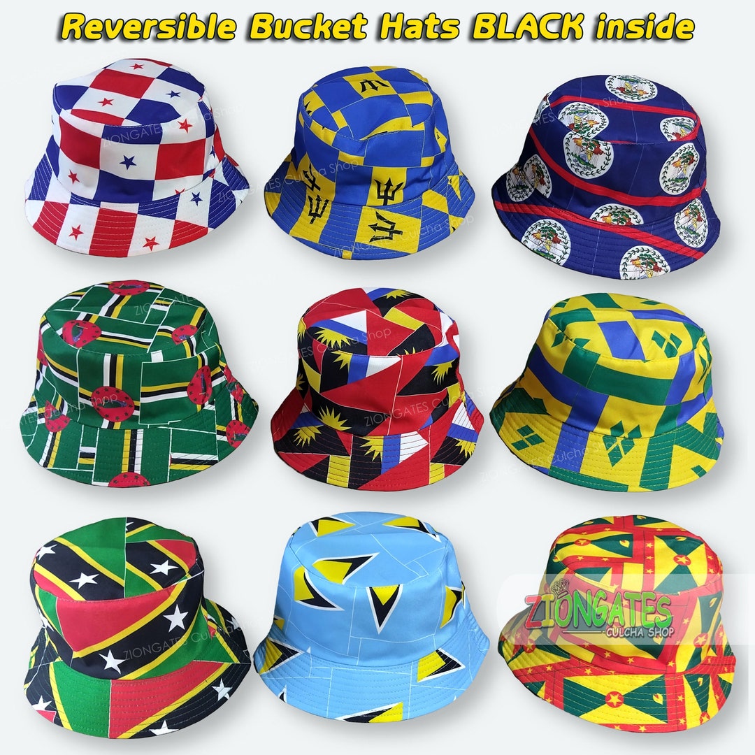 Caribbean Flag Bucket Hats - REVERSIBLE - Panama Barbados Belize St ...