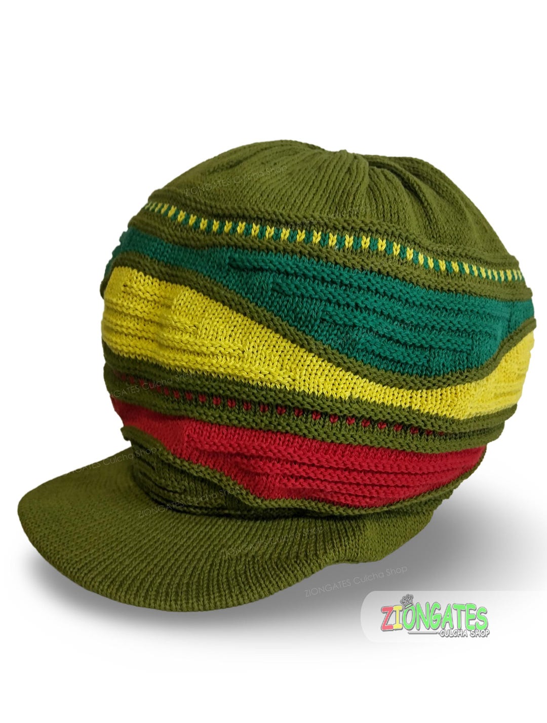 Medium Light Olive Green Rasta Hat Crown Tam Dread Cap With Red Yellow ...