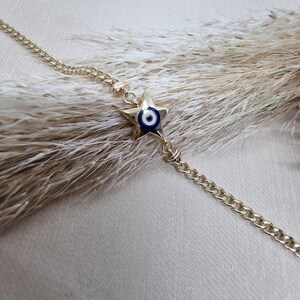 14K Solid Gold Star Evil Eye Bracelet Gold Rolo Chain Blue Eyes ...