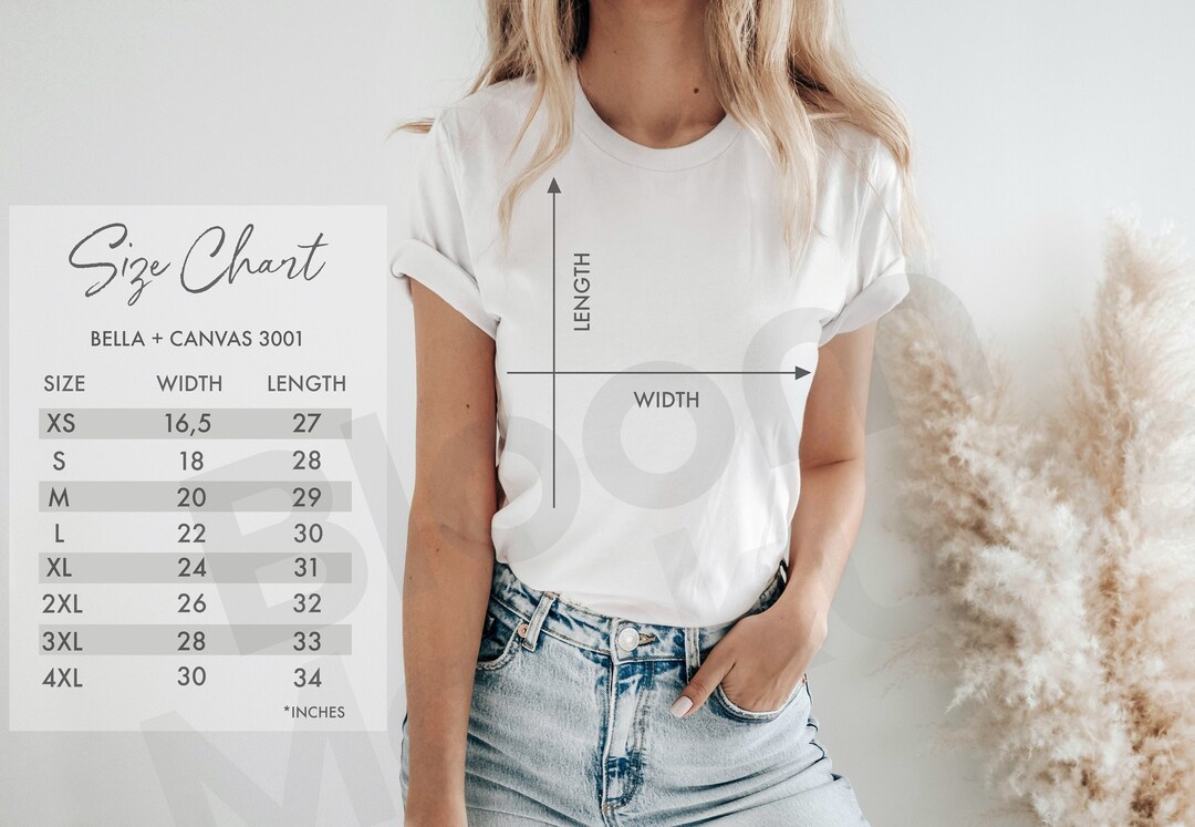 Bella Canvas 3001 Size Chart, Bella and Canvas 3001 Mockup, Size Chart ...
