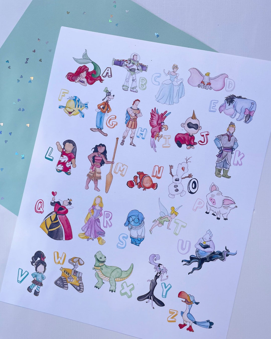 Watercolor Disney ABC Alphabet Painting Poster, Faceless Watercolor ...