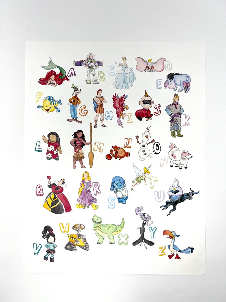 Disney Character Watercolor Alphabet Poster, Disney ABC Painting ...