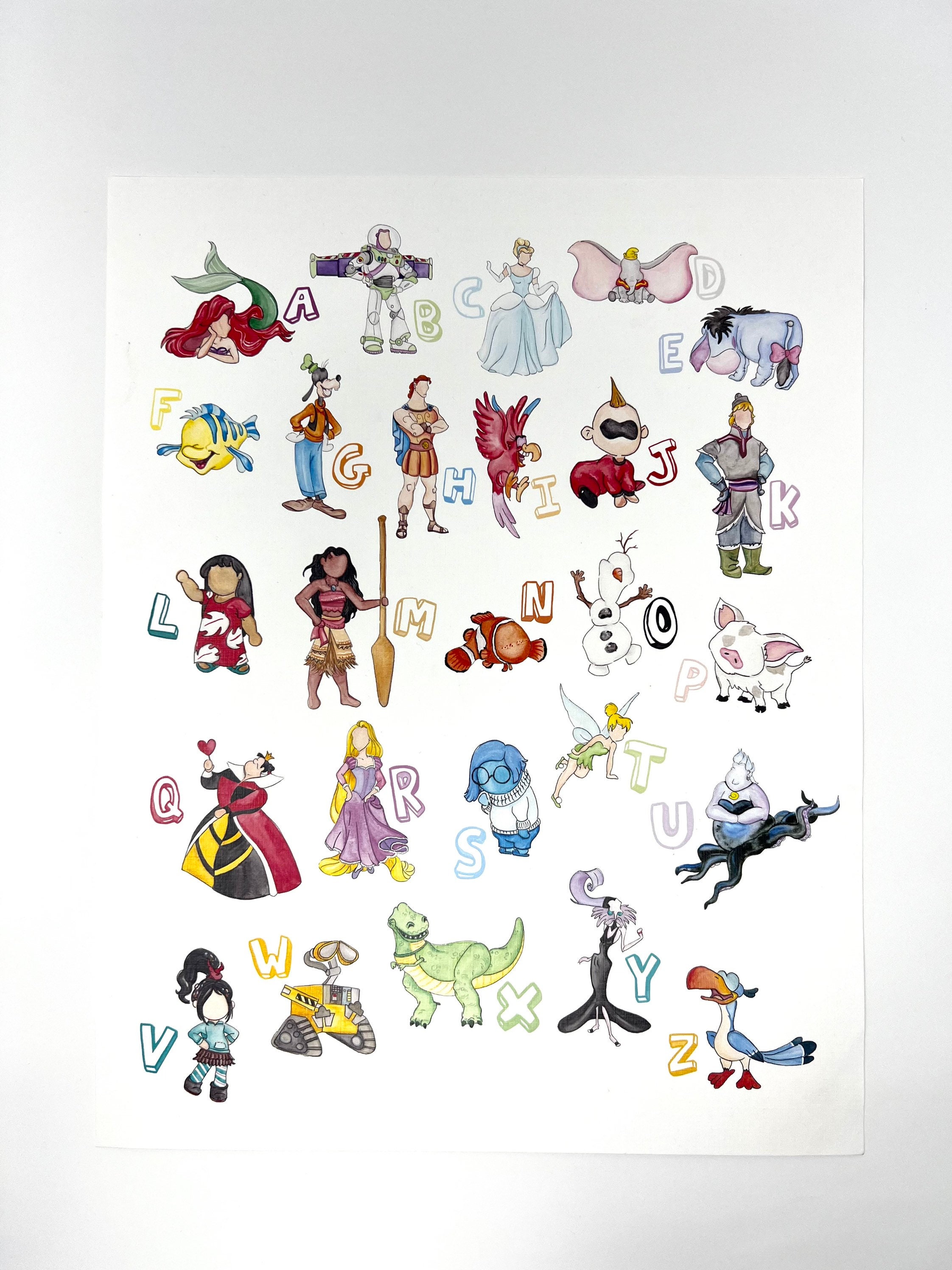 Disney Character Watercolor Alphabet Poster, Disney ABC Painting ...