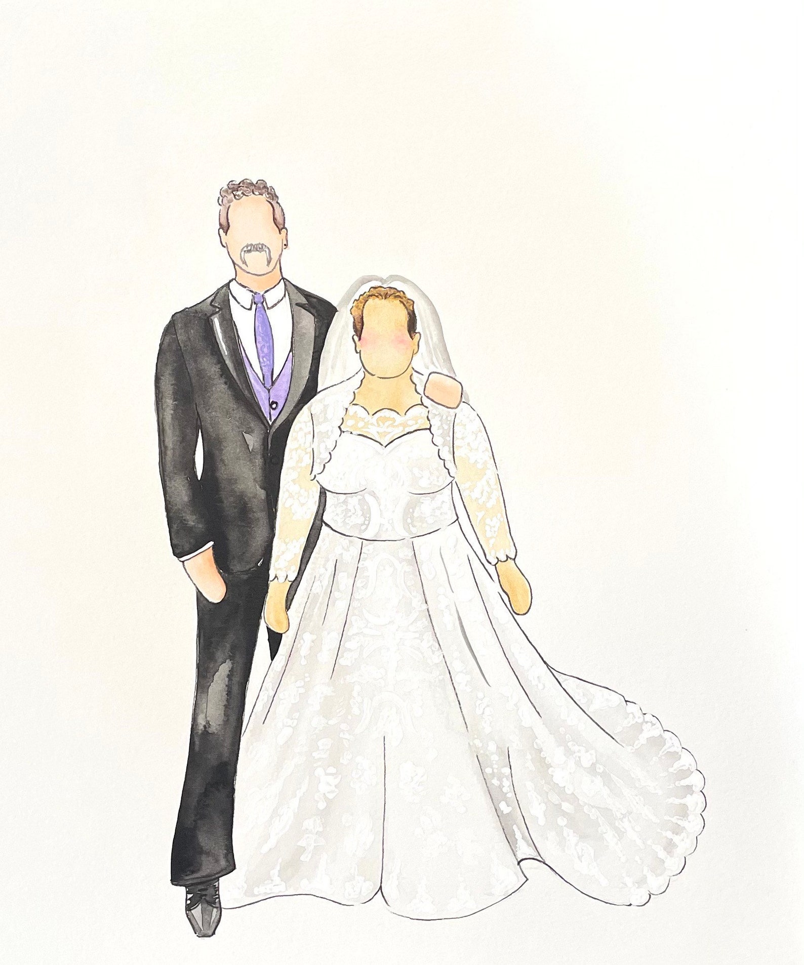 Custom Wedding Day Portrait, Faceless Watercolor Bride and Groom ...